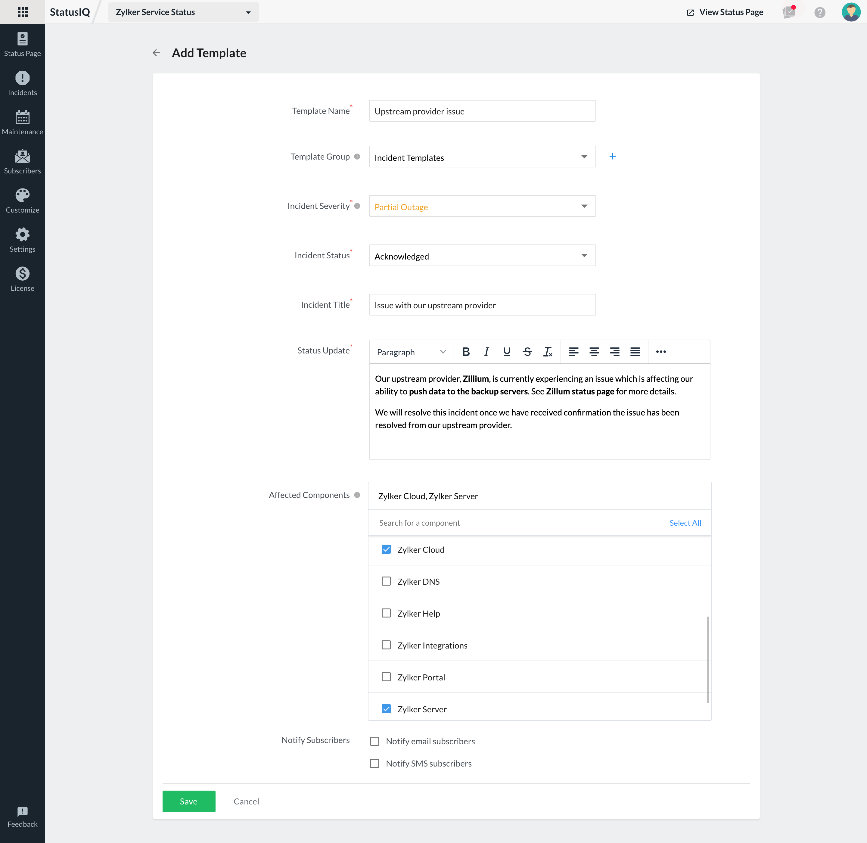 Incident Templates | StatusIQ User Guide