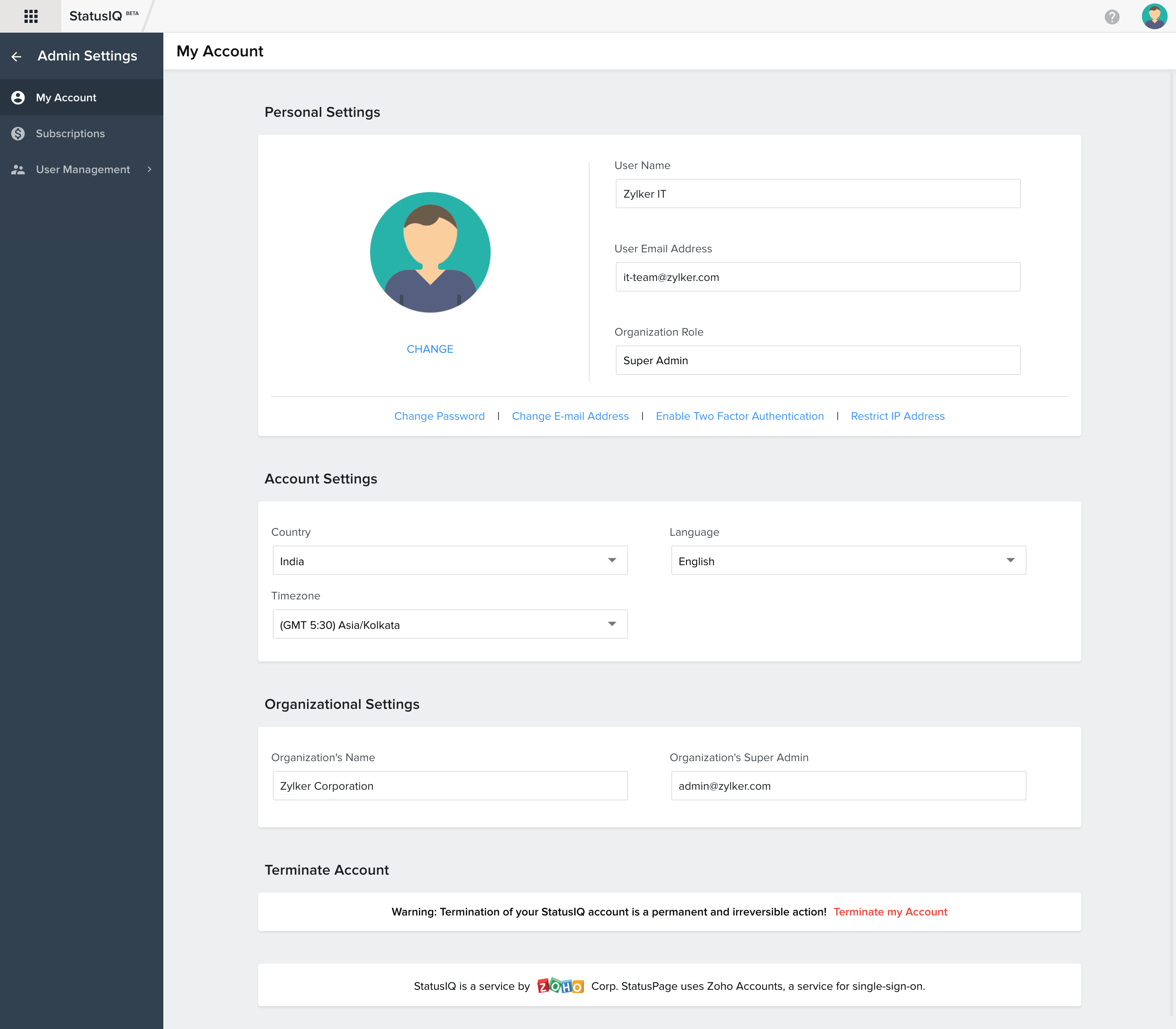 My Account | StatusIQ User Guide